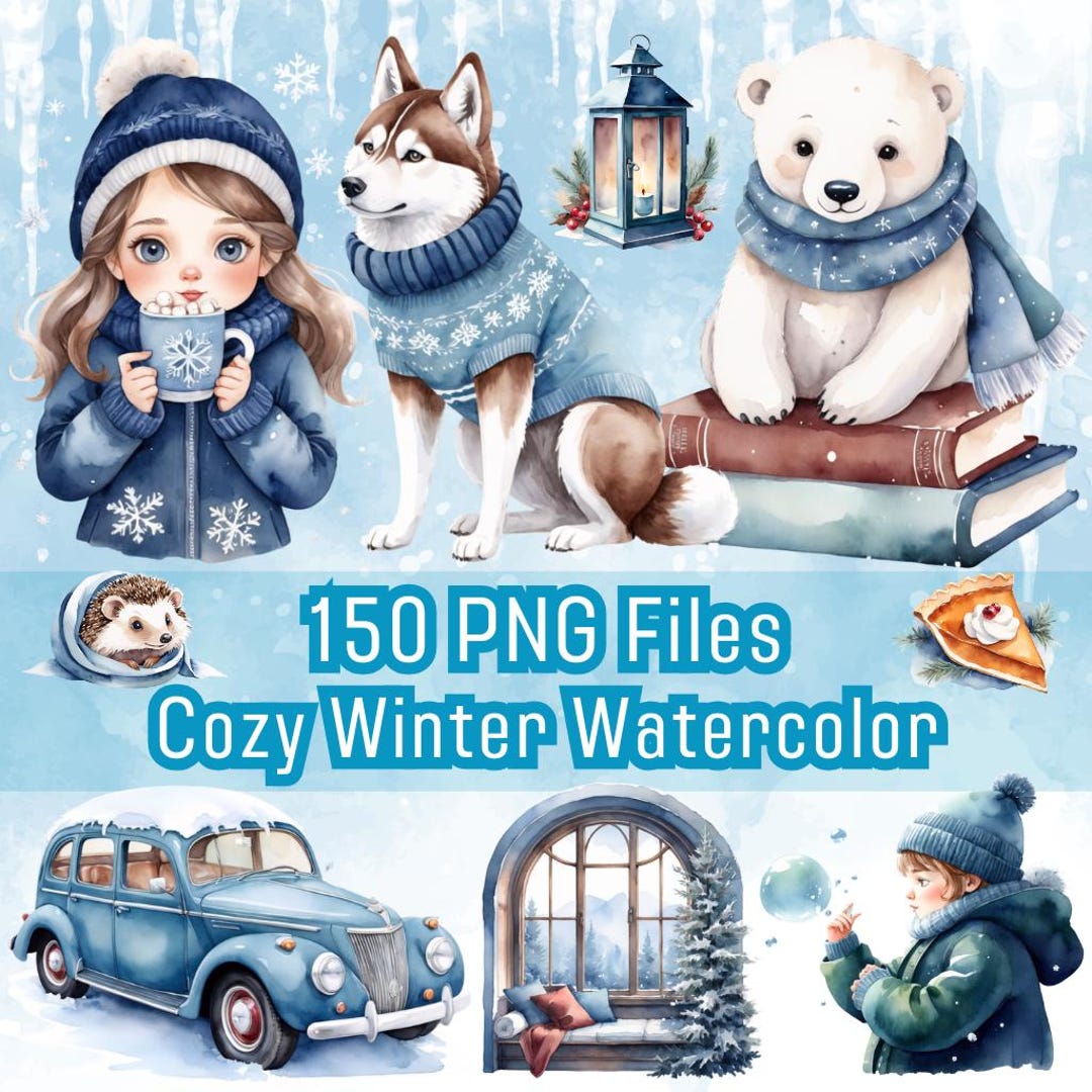 Watercolor Cozy Winter Clipart: 150 PNG, Animals, Seasonal Elements ...
