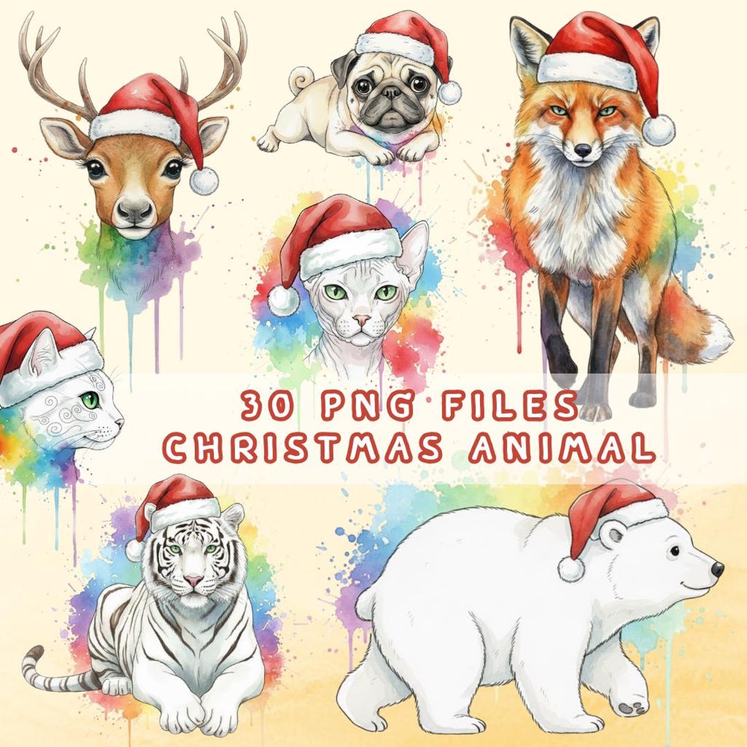 Watercolor Christmas Animal Clipart | 30 PNG Illustration, Pet Santa ...