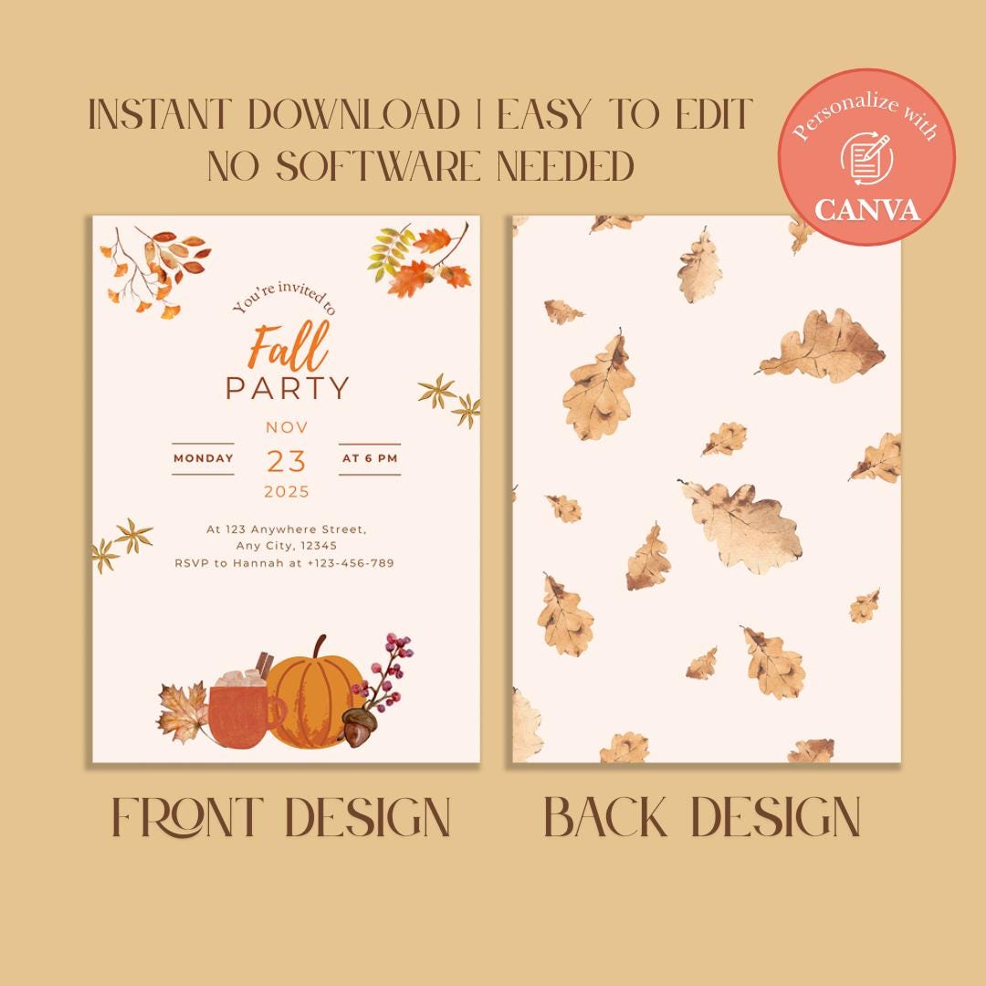 Editable Fall Party Invitation: Autumn Leaves Template (digital ...