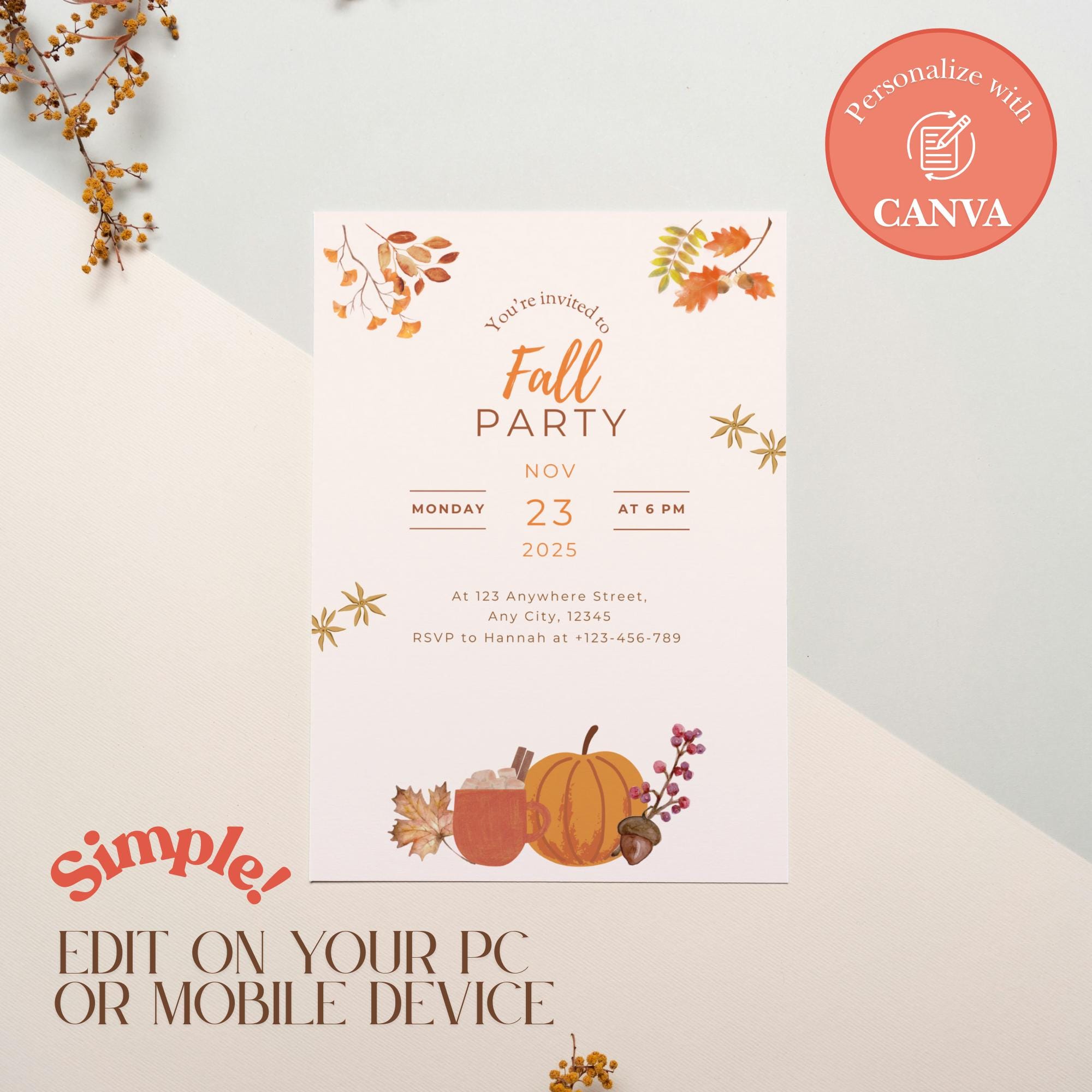 Editable Fall Party Invitation: Autumn Leaves Template (digital ...