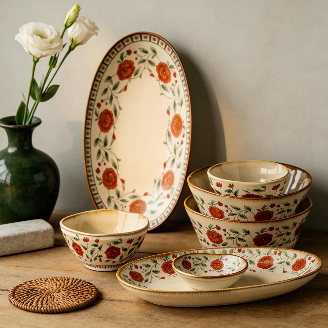 Red Peony Ceramic Dinnerware, Vintage Floral Bowls & Plates, Kiln ...