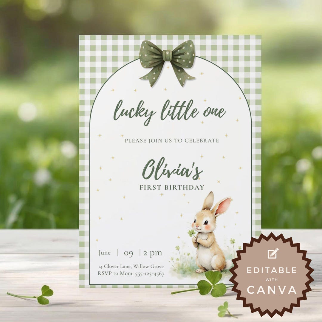 Bunny 1st Birthday Invitation, Instant Download, Green Gingham Invite ...