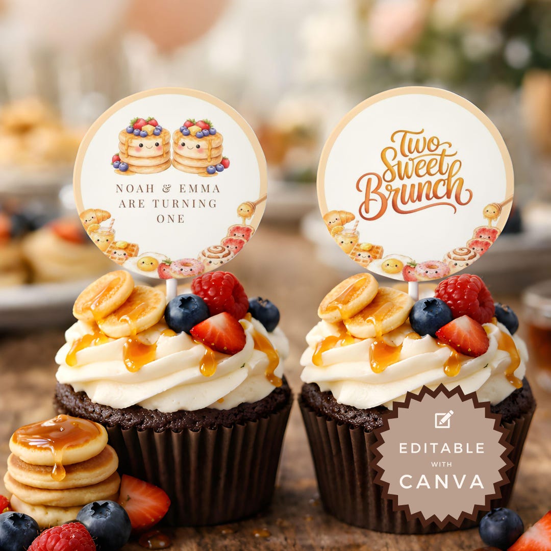Twins Breakfast Cupcake Topper Printable, Two Sweet Brunch Cupcake ...