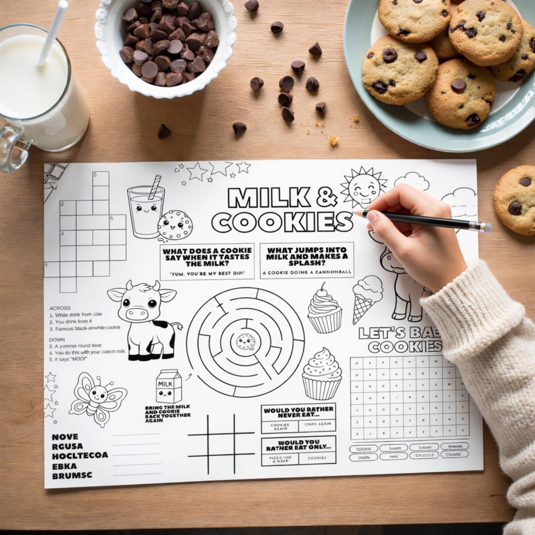 Milk and Cookies Activity Placemat Printable, Kids Coloring Sheet PDF ...