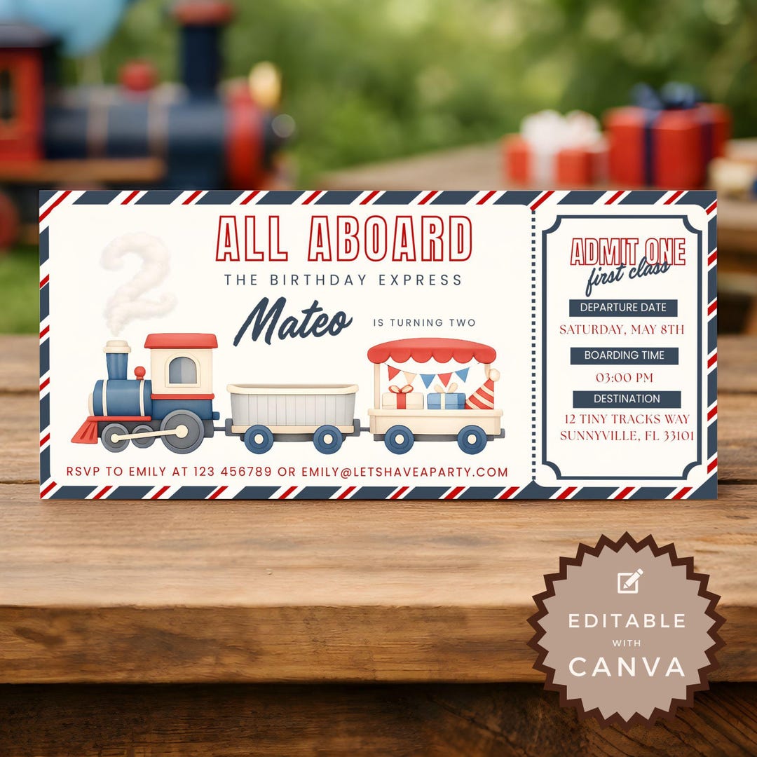 Train Ticket Second Birthday Invitation, All Aboard Party Invite ...