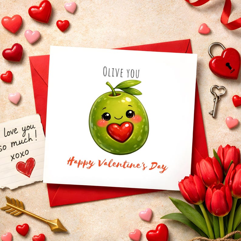 Olive You Valentine Card Printable, Cute Food Pun Valentine Card PDF ...