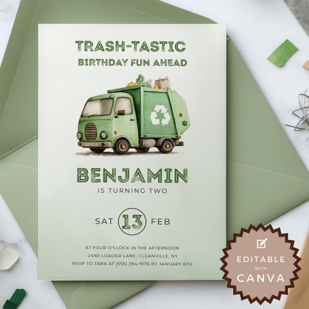 Garbage Truck Birthday Party Invitation, Editable Canva Template, Fun ...