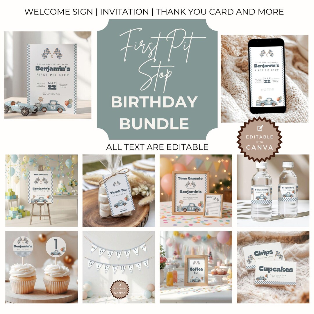 Little Racer Birthday Bundle, First Pit Stop Party, Canva Templates for ...