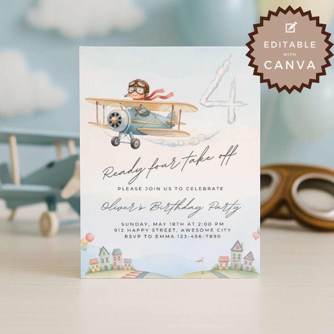 Airplane 4th Birthday Invitation: Aviation Party, Pilot Theme (canva ...