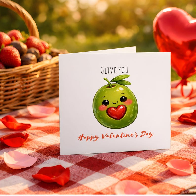 Olive You Valentine Card Printable, Cute Food Pun Valentine Card PDF ...