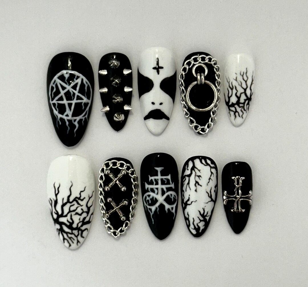 Black Metal Press-on Nails, Hand-made Gothic Nails, Occult Black and ...