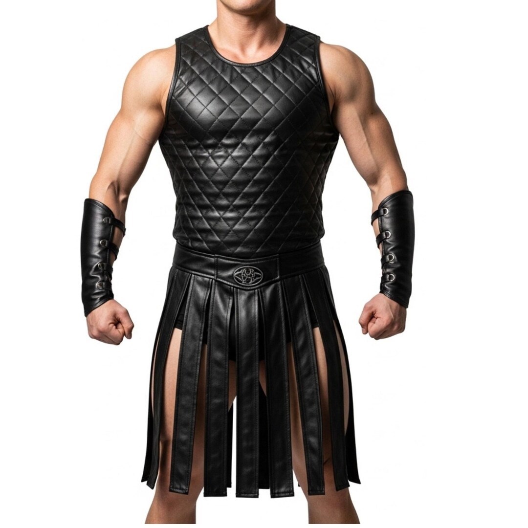 Handmade Leather Gladiator Kilt & Quilted Vest – Black Roman Warrior ...