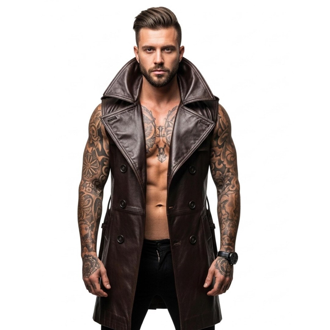 Mens Genuine Leather Long Vest – Handmade Brown Distressed Sleeveless ...