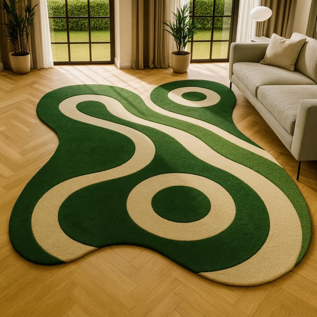Modern Blob Rug – Green & Beige Soft and Smooth Wavy Pattern Aesthetic ...