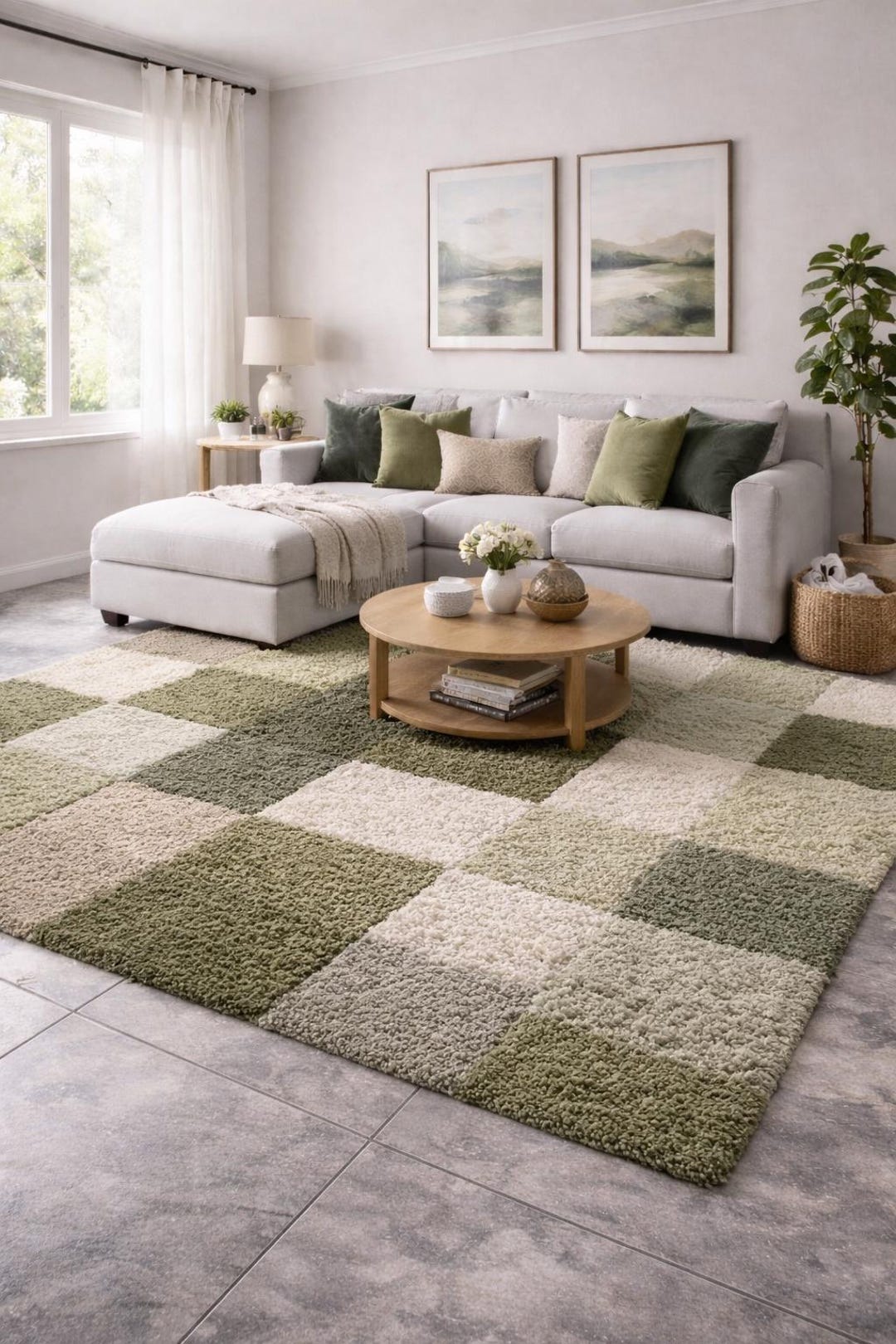 Modern Green Checkered Shag Rug – Handmade Olive & Cream Checkerboard ...