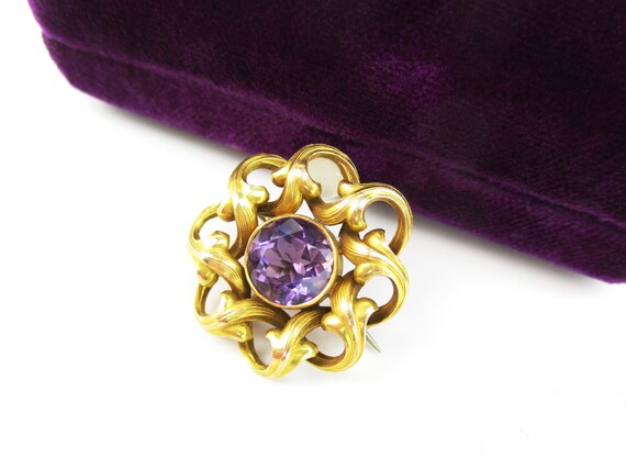 Antique Watch Pin, 14K Gold 2-ct Amethyst Brooch w/ A… - Gem