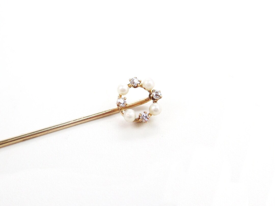 10K Gold Diamond Stick Pin W/ Natural Pearls Small Gemstone - Etsy
