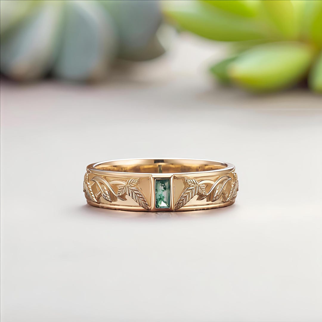 Moss Agate Men's Wedding Band, 14K Gold Lorien Leaf Ring - Etsy
