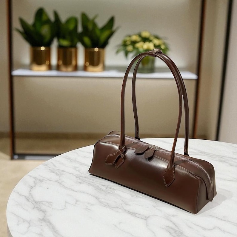 Leather Baguette Bag: Small Shoulder Purse, Vintage Underarm Tote ...