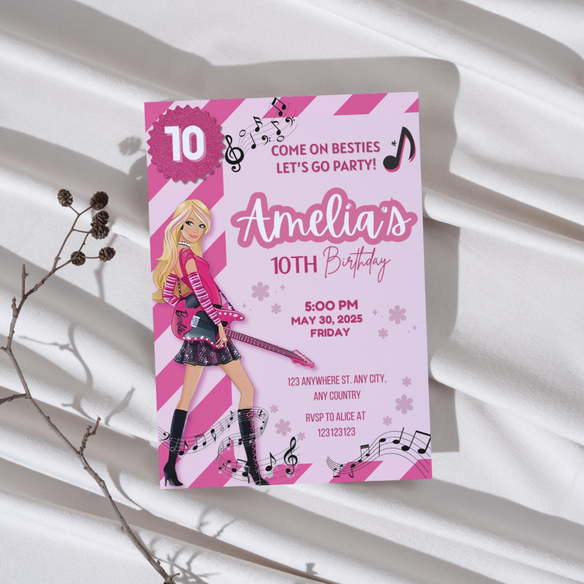 Barbie Rock Star Birthday Invitation, Pink Girl Party (digital ...