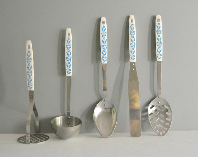 Vintage Cornflower Utensil Set - Ladle Potato Masher Spoon Spatula Soup ...