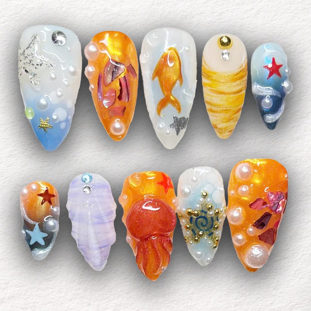 Ocean Theme 3D Press on Nails, Handmade Sea Creature Nail Art, Goldfish ...