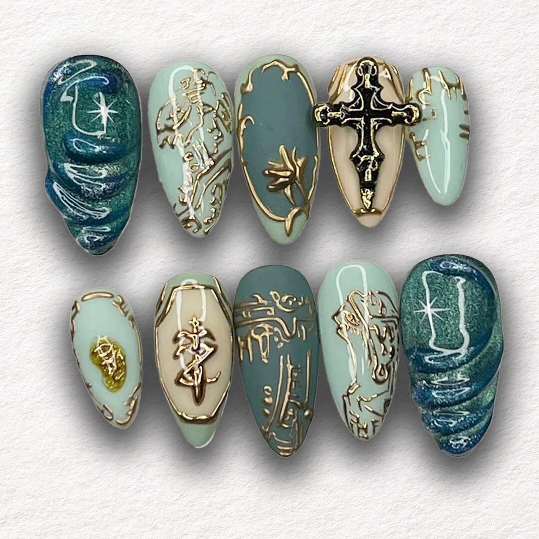 Luxury Embossed Press on Nails, Blue Green Gold Nail Art, Gothic Cross ...