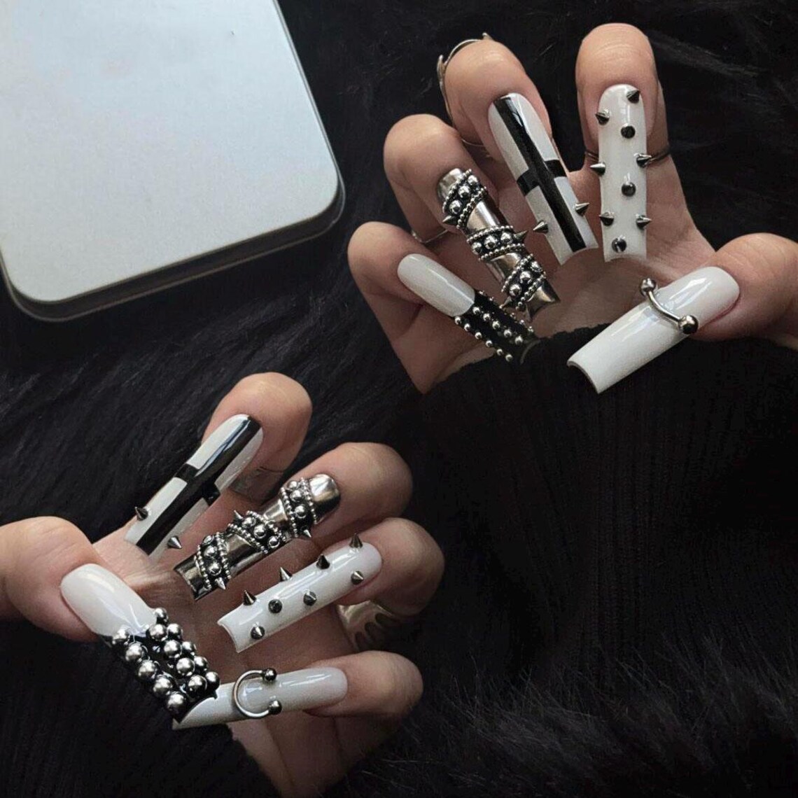 Gothic White Press on Nails | Black Cross Stud Nail Art | Long ...