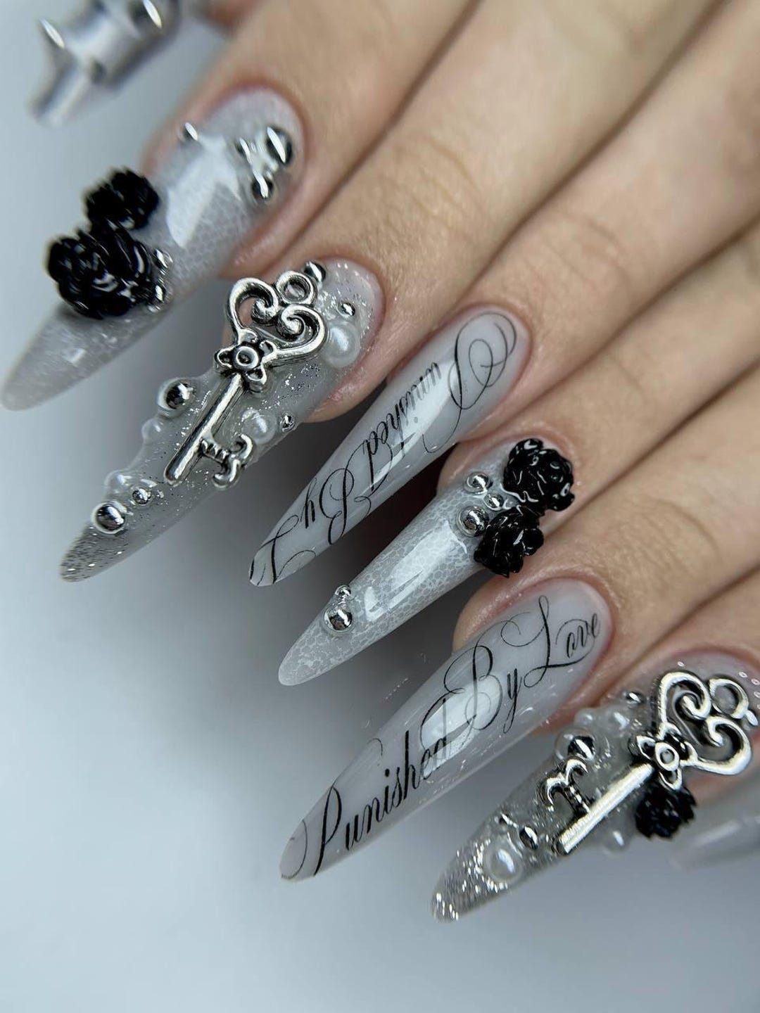 Gothic Script Cross Press on Nails | Black White Gray Nails | 3D Key ...
