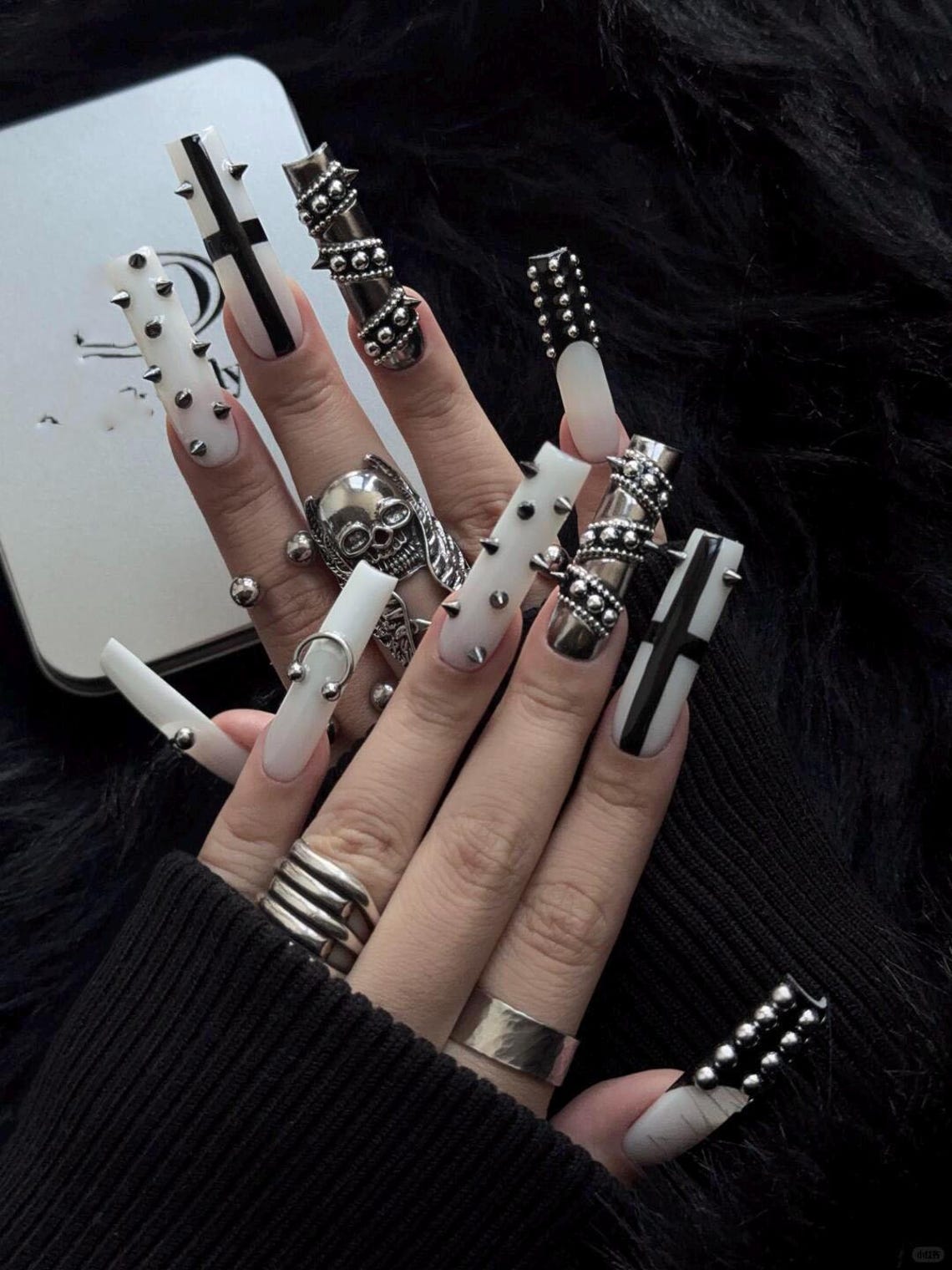 Gothic White Press on Nails | Black Cross Stud Nail Art | Long ...