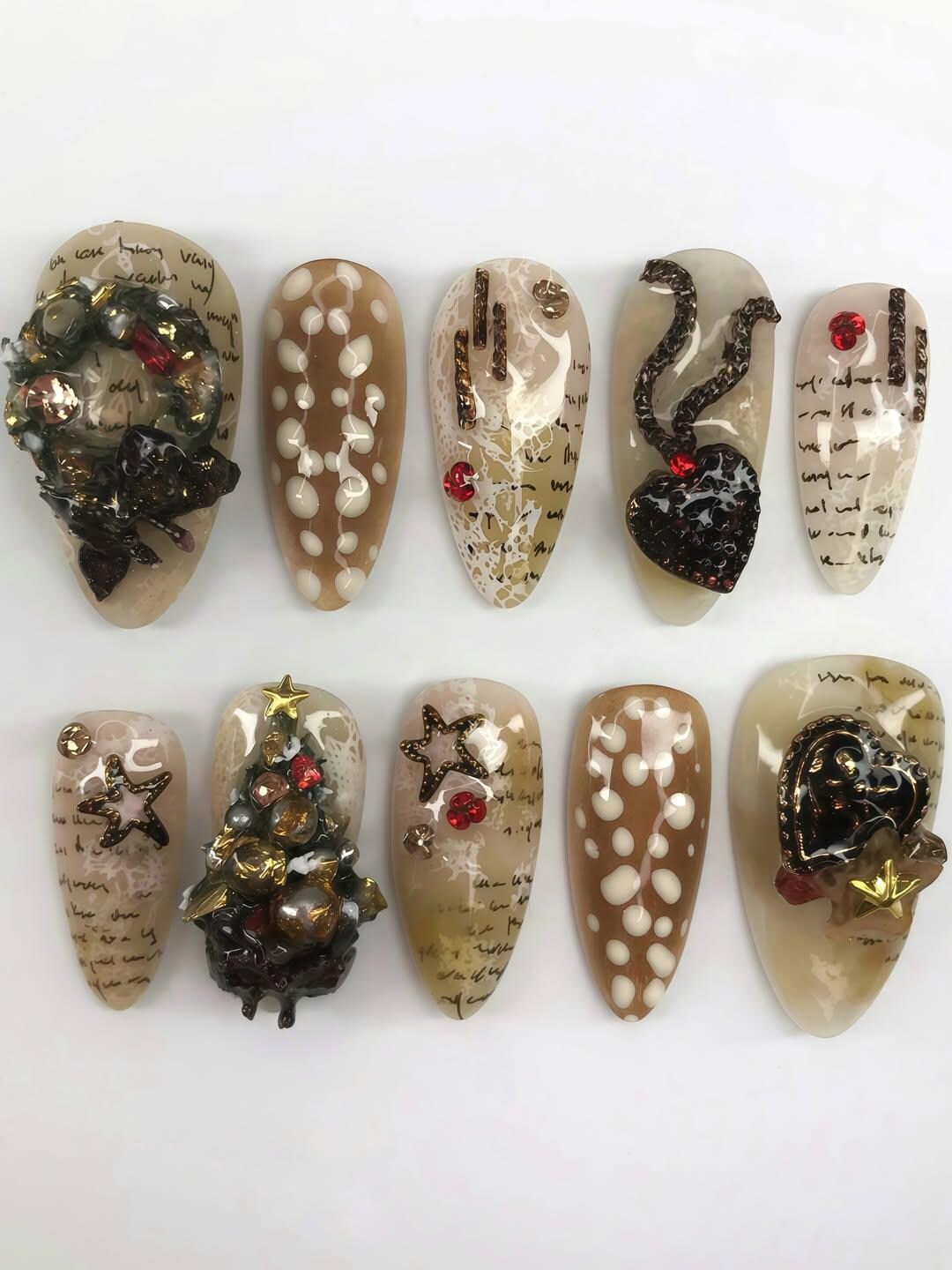 Vintage Script Press on Nails | Neutral Beige Brown Art | 3D Star Heart ...