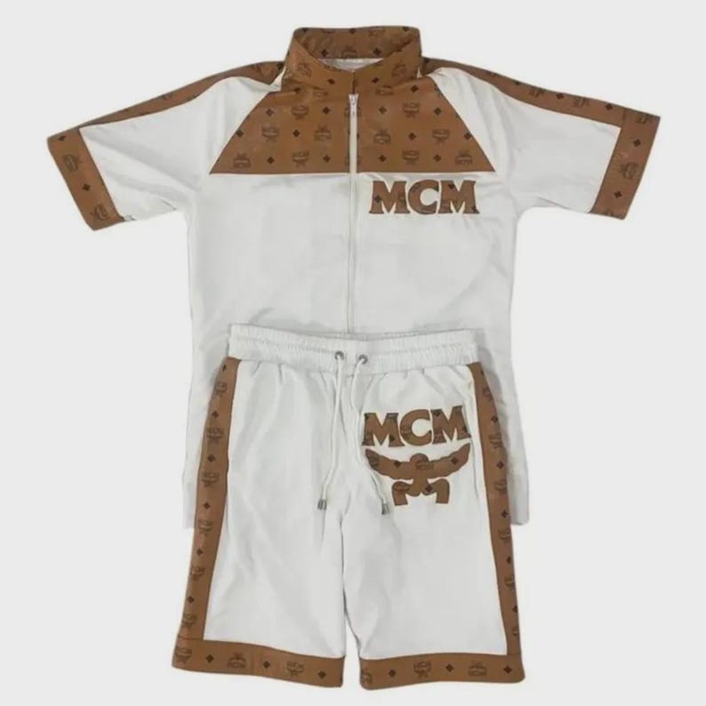 MCM Men’s White Two-piece Outfit Set Designer Short Sleeve Zip Shirt ...