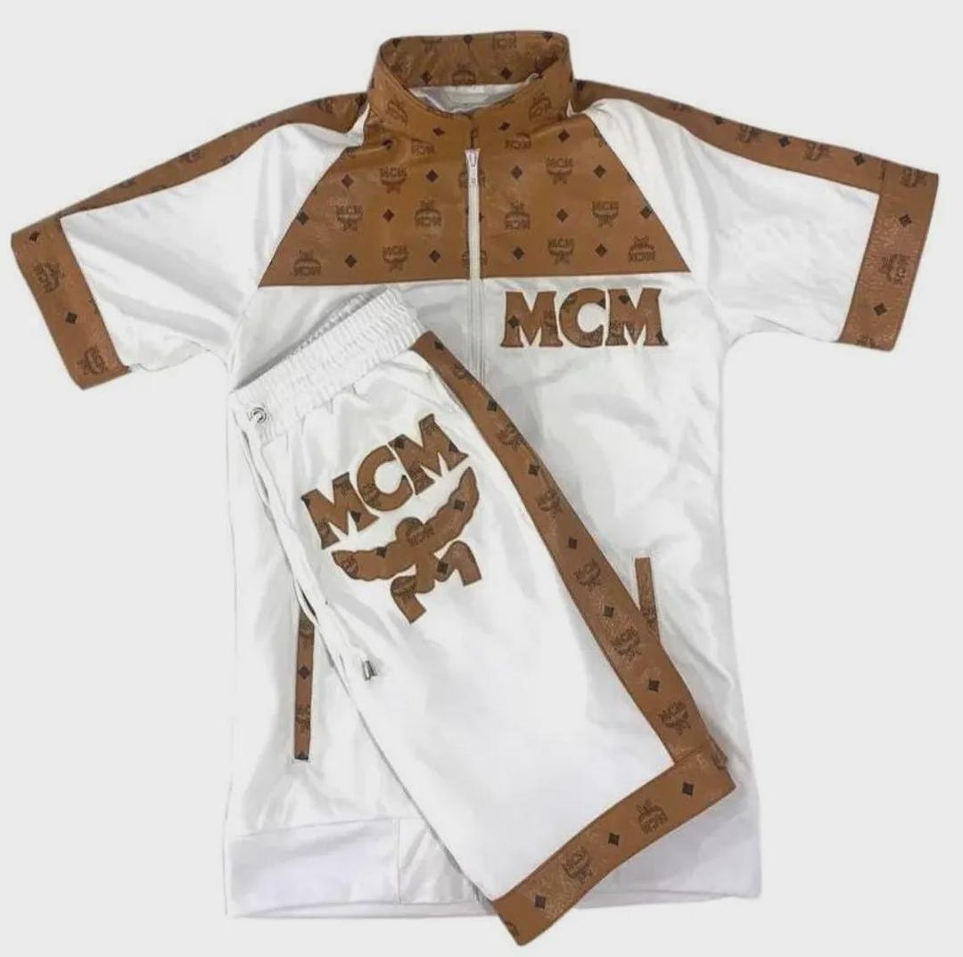 MCM Men’s White Two-piece Outfit Set Designer Short Sleeve Zip Shirt ...