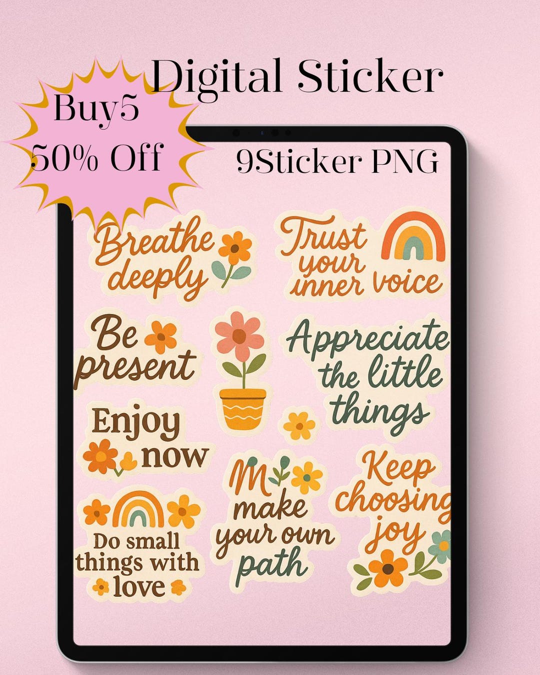 Earth Tone Floral Quote Stickers (9 PNG) | Digital Sticker Bundle ...