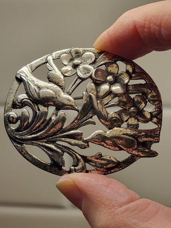 Vintage Bird and Flower Sterling Silver Brooch - Gem