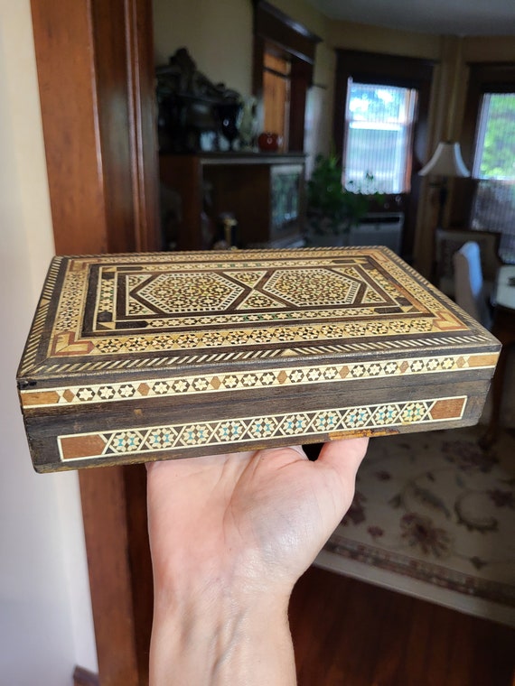 Vintage Moroccan Wooden Inlay Jewelry Box - Gem