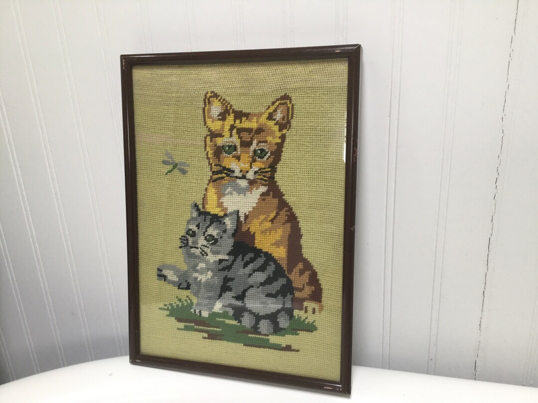 Vintage Cat Needlepoint/red Cat/grey Cat - Etsy