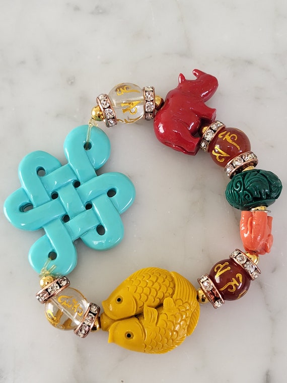 Asian Inspired Bangle Bracelet Plastic Charms - Gem