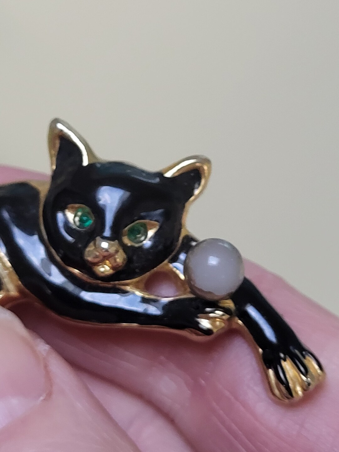 Vintage Black Cat Brooch Green Eyes Etsy
