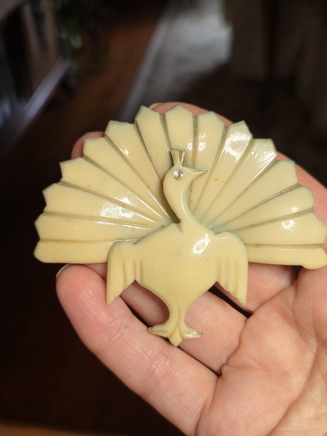 Vintage Celluloid Plastic Carved Peacock Brooch Rhinestone Eye - Etsy