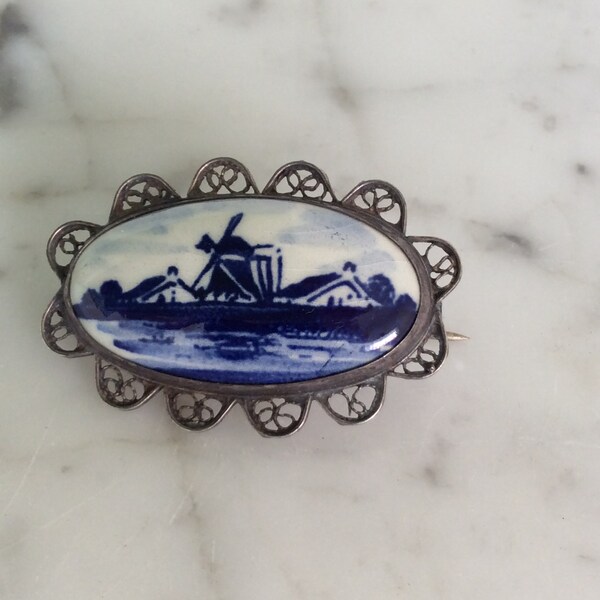 Antique Delft Brooch - Etsy