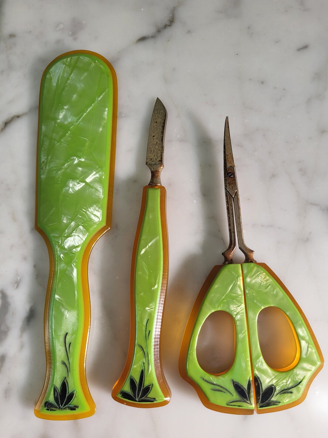 Art Deco Celluloid Dresser Set GREEN AND Black Apple Juice - Etsy