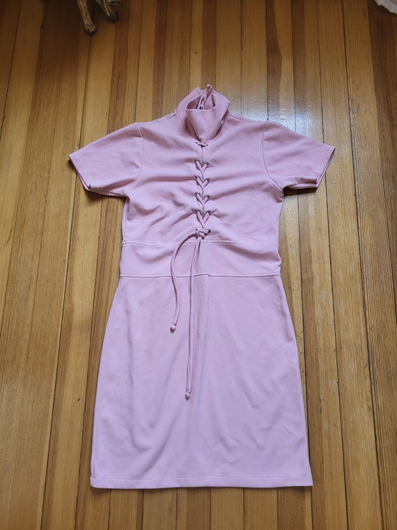 Vintage 1970s Light Pink Gogo mini Dress Lace up fron… - Gem