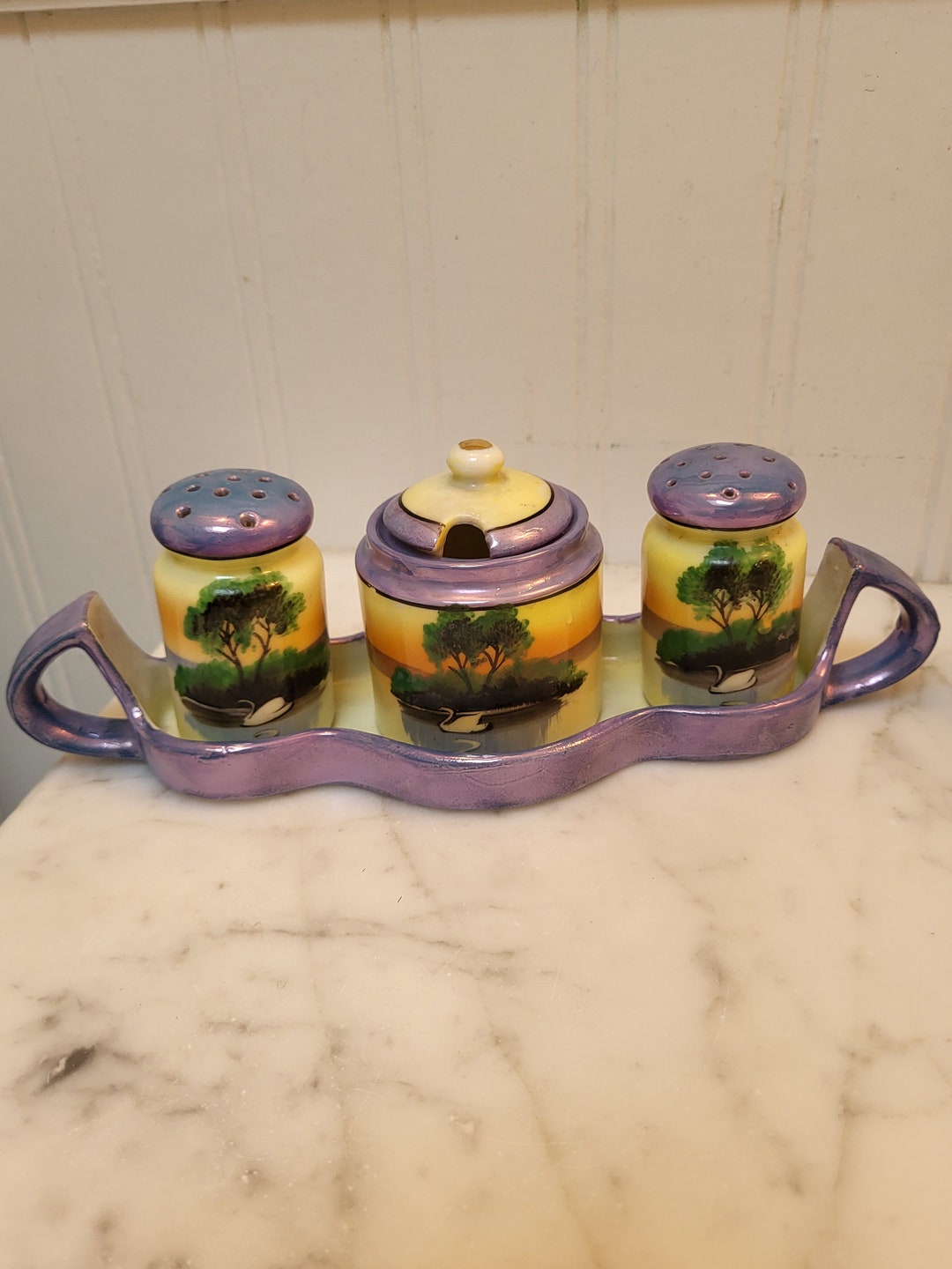 Vintage Lusterware Salt and Pepper Jelly Jar and Tray 1930s - Etsy