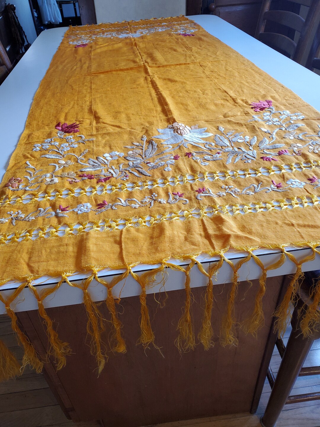 Vintage Crewl 6 Foot Shawl or Table Runner Bright Orange Linen - Etsy