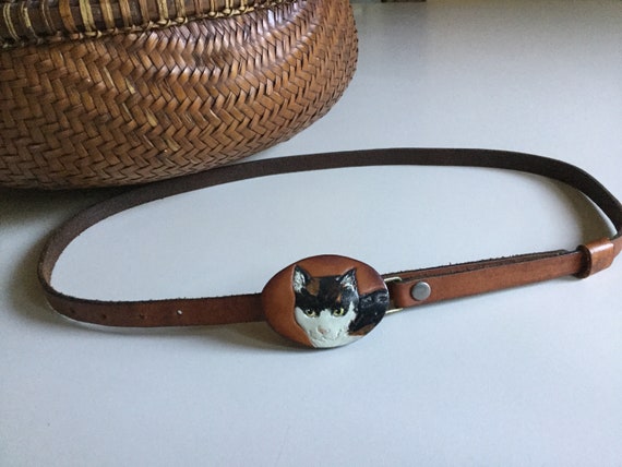 Vintage Hand Painted Cat Belt/Tooled Leather Signed C… - Gem