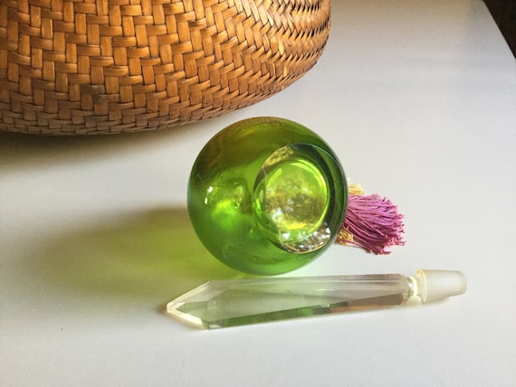 Vintage Green Glass Perfume Bottle Tall Crystal Stopp… - Gem