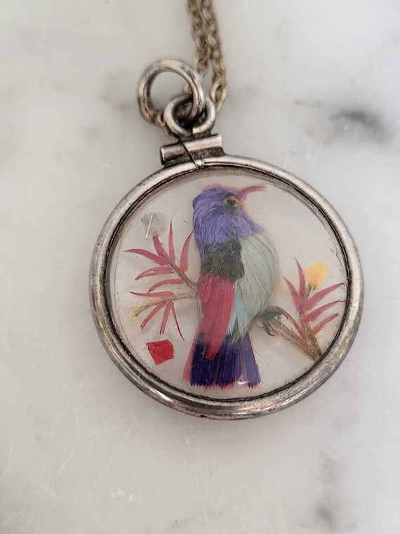 Victorian Feather Doubled Sided Bird Pendant - Gem