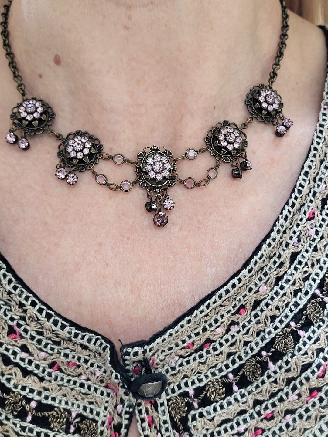 Kenny Ma San Francisco Victorian Style Pink Rhinestone Choker Necklace ...