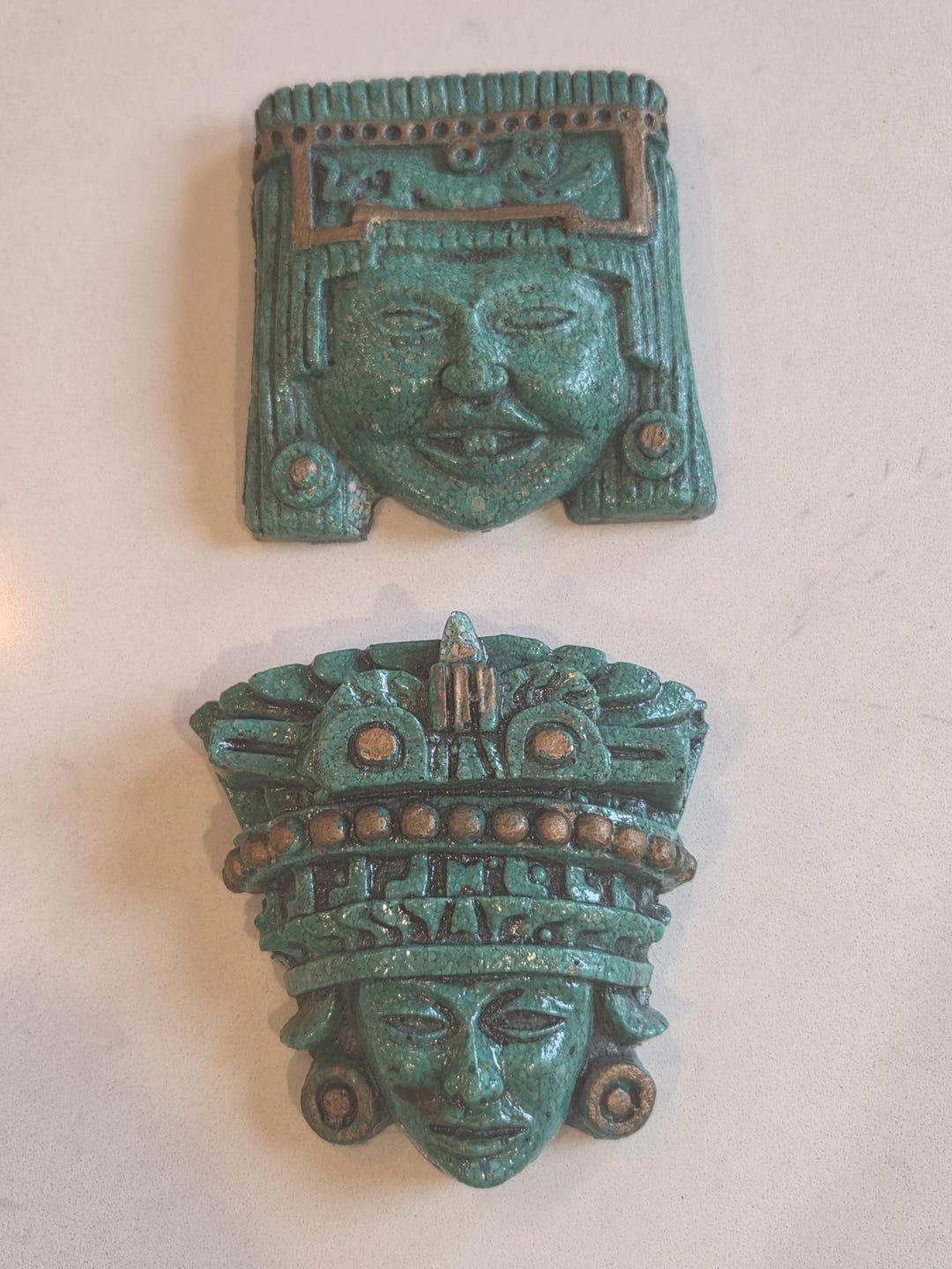 Vintage Aztec Mayan Pair of God Faces Wall Plaque, Crushed Green Marble ...